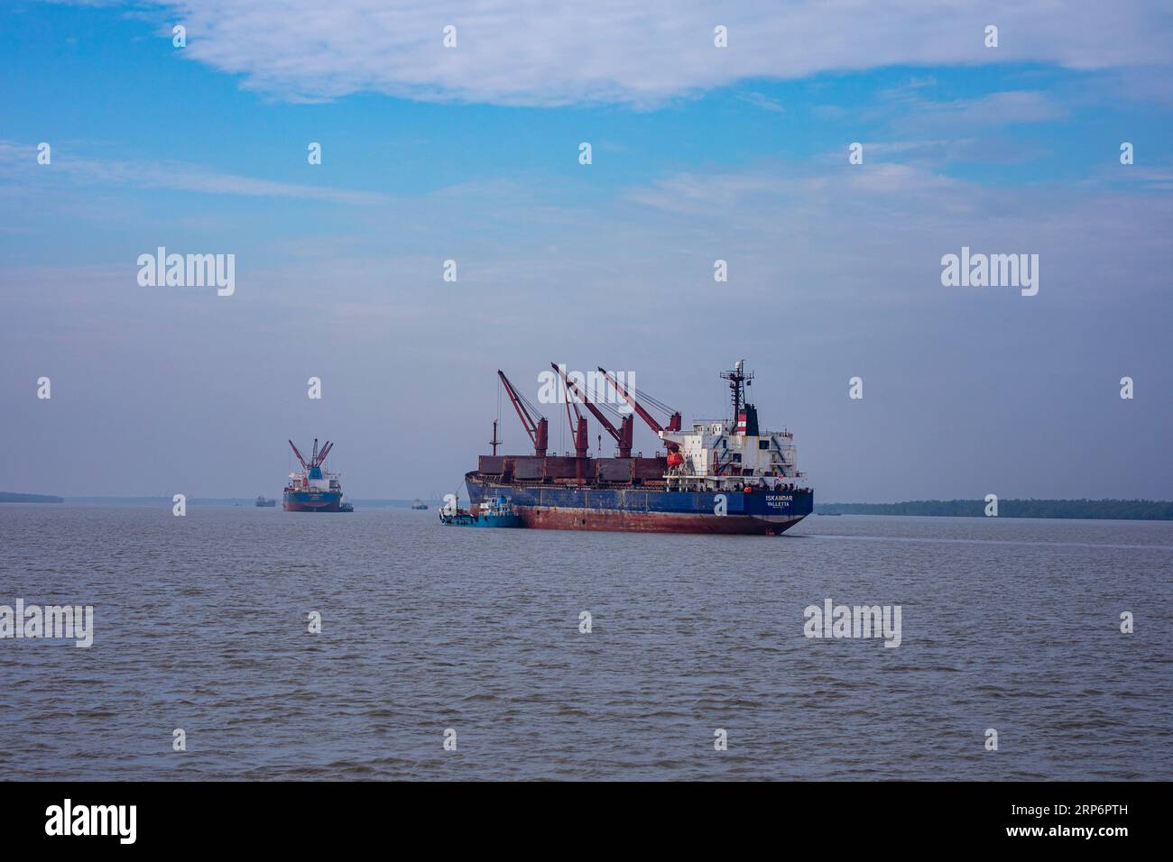 Foreign vessels anchored on the Pashur River on the outer anchorage of ...