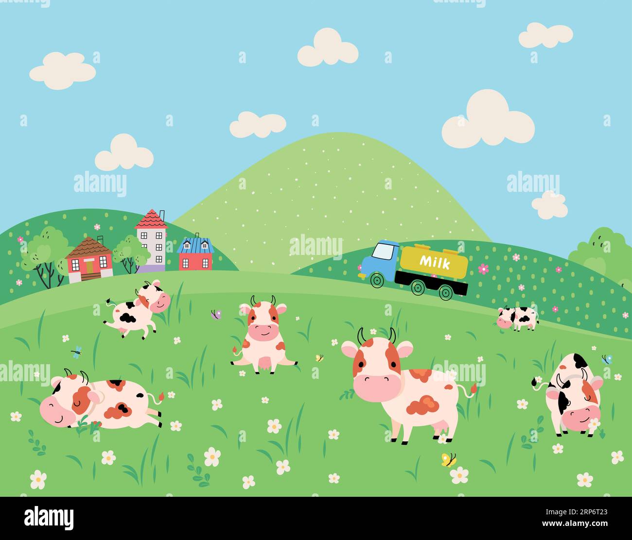 Farm nature landscape. Cartoon cow on green meadow, milk truck and tiny ...