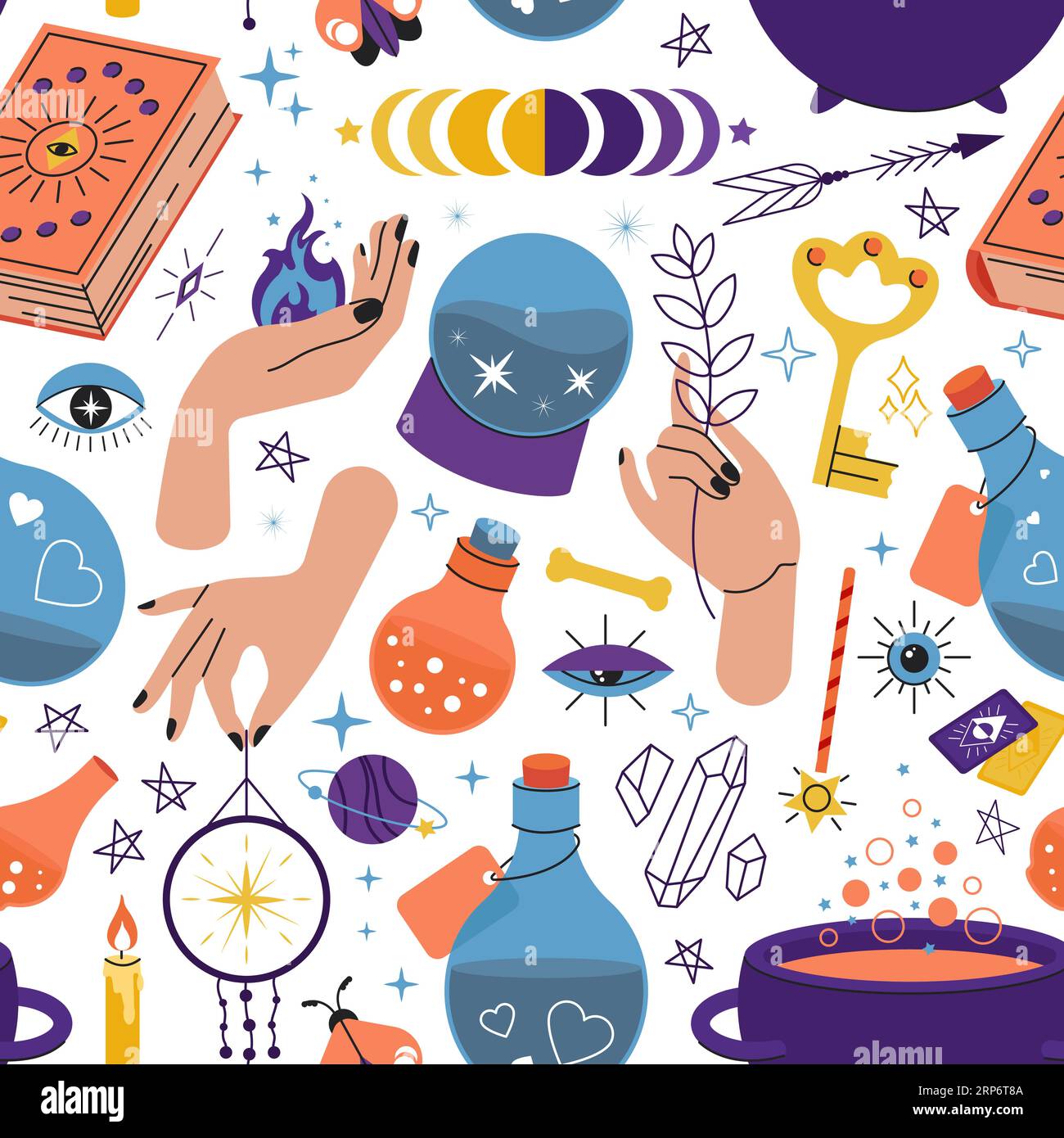 Magic elements seamless pattern. Alchemy witchcraft sign, mystical witch crystal globe ...