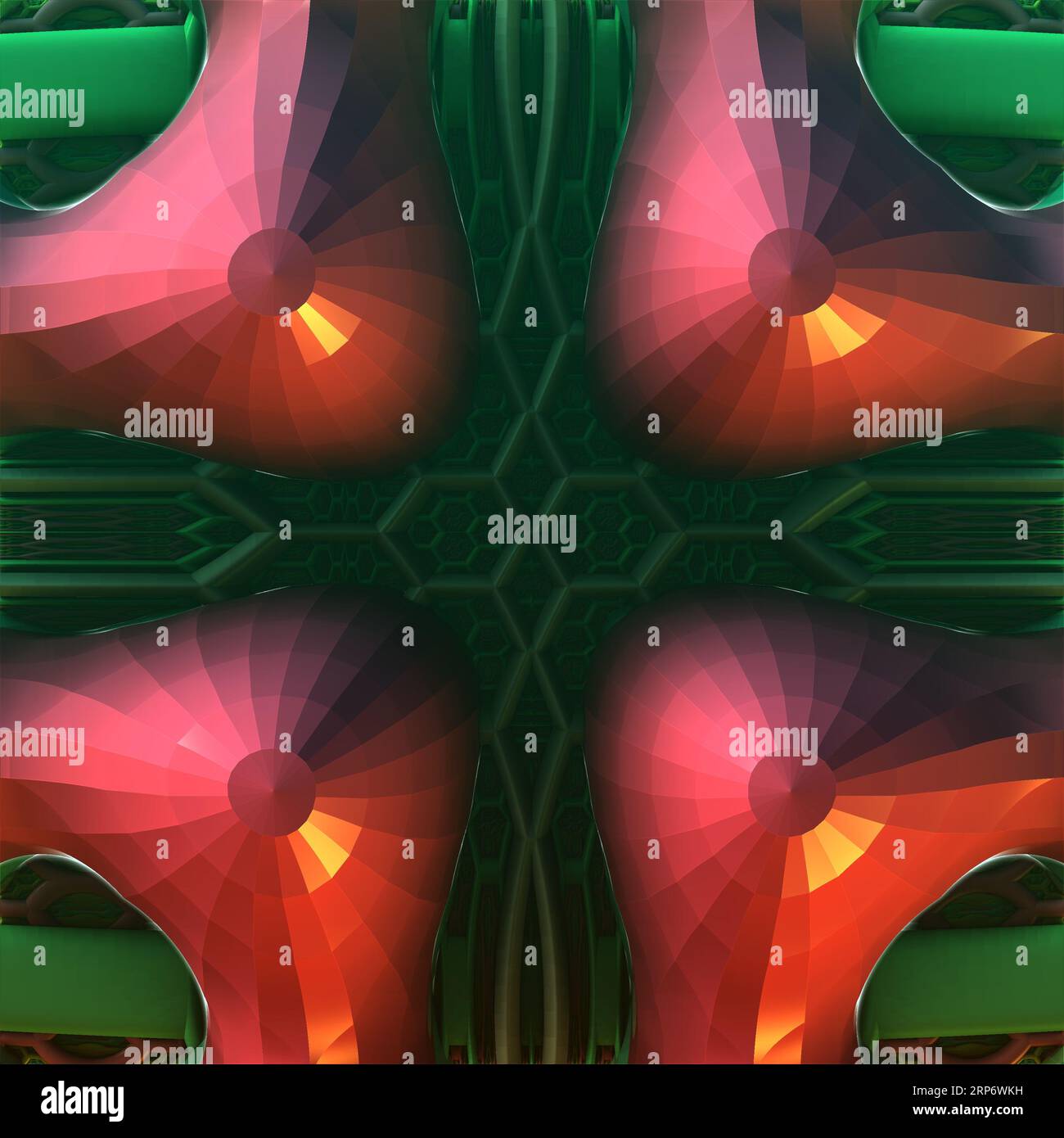 Abstract symmetrical red and green pattern with high lighted effect. 3d ...