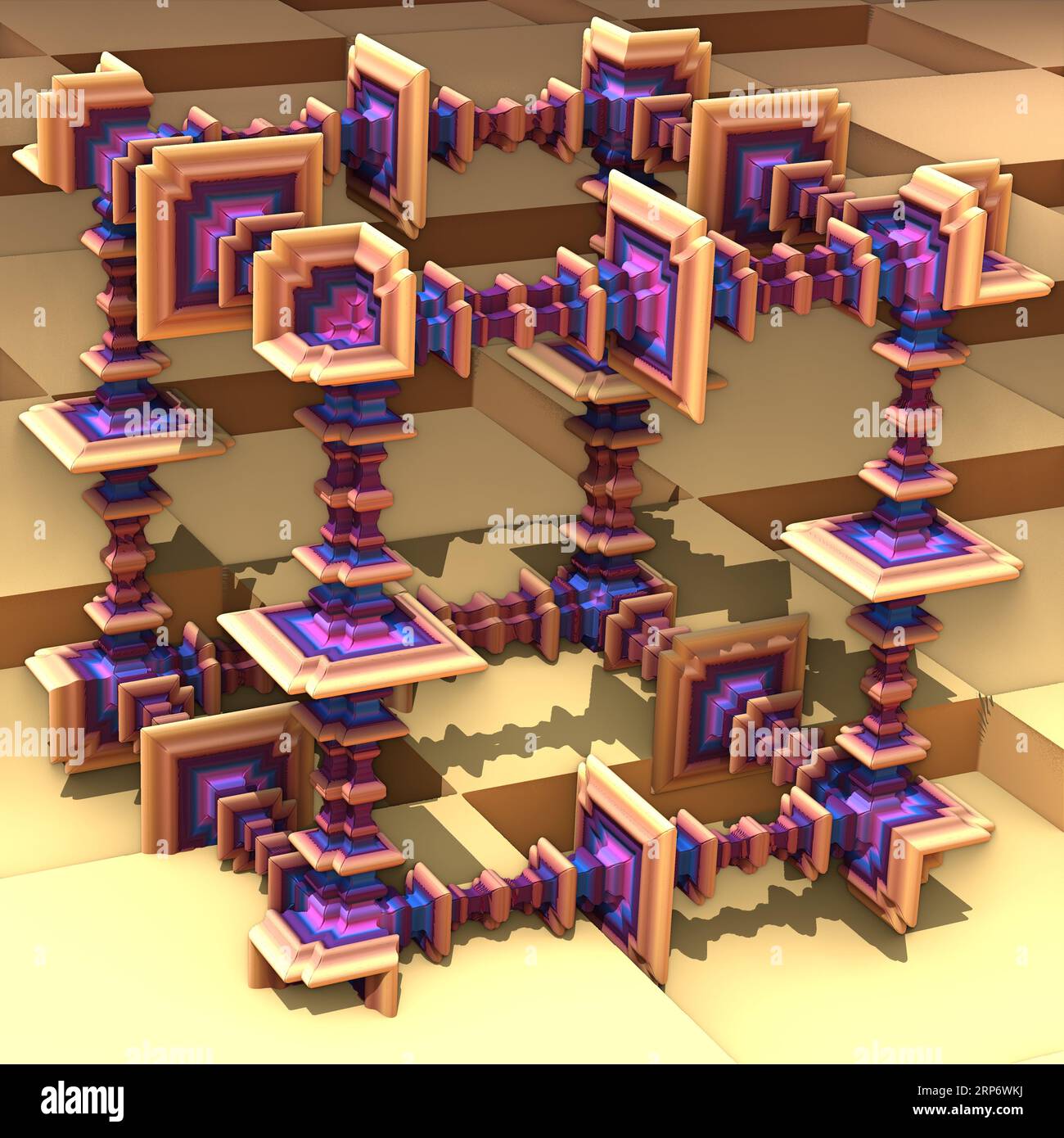 Fractal chains of rectangles, cube structure. Orange, yellow, purple, magenta and blue colors ...