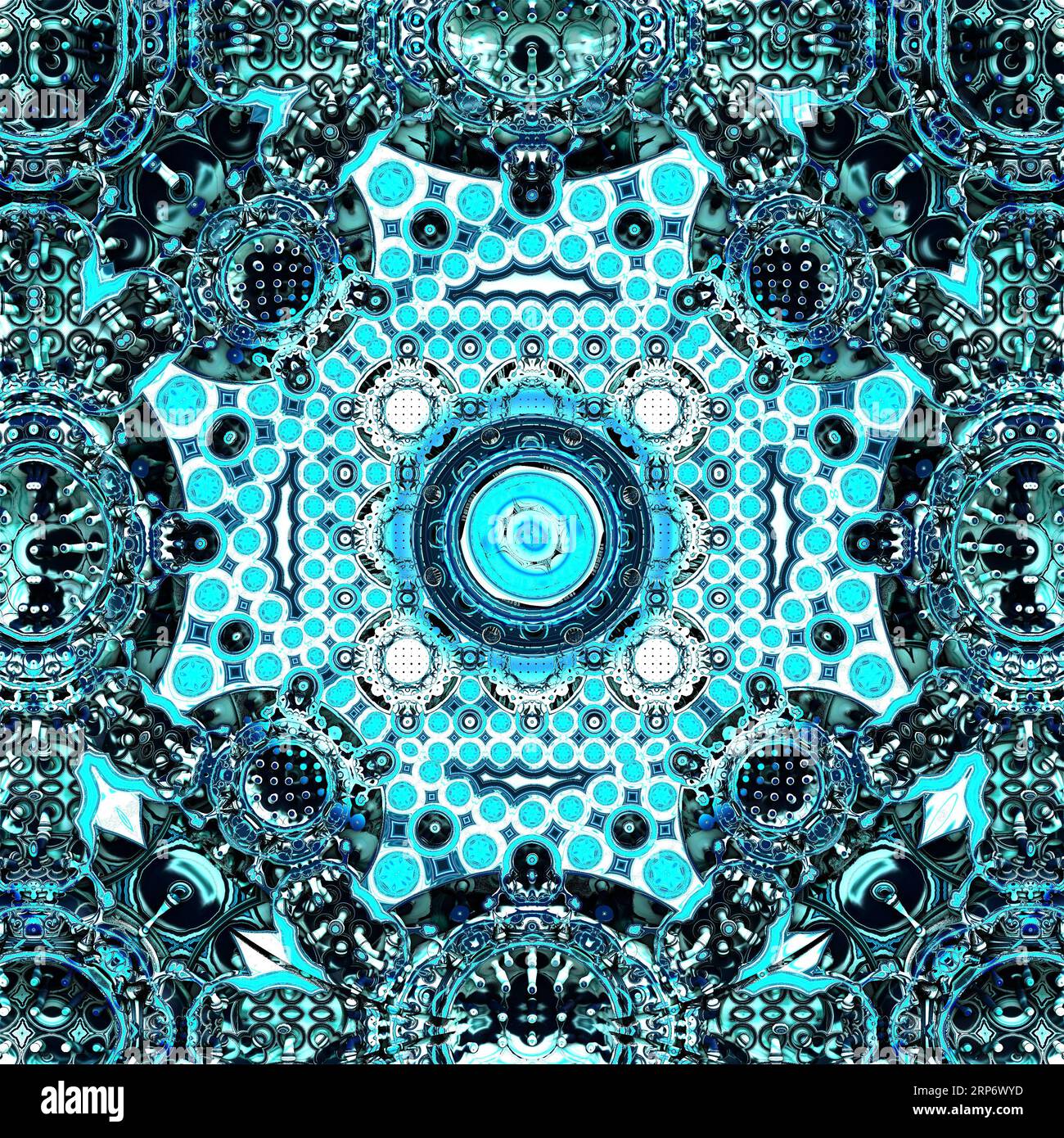 Abstract 3d illustration. Small shperes in mandala pattern. Blue, black ...