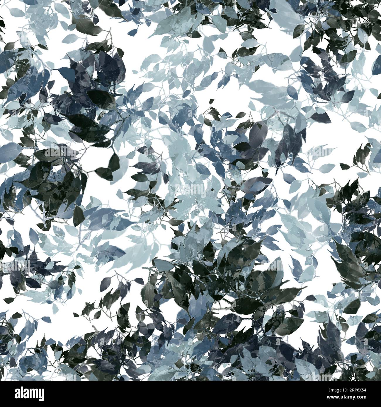 Blue, grey and black tree branches with leaves on the white background ...