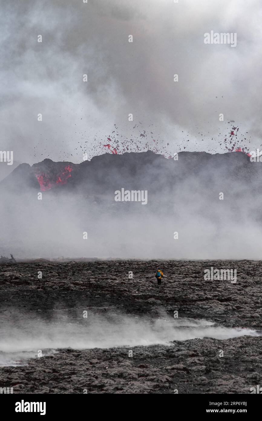 Volcano eruption at Litli hrutur Iceland near fagradalsfjall 2023. A ...