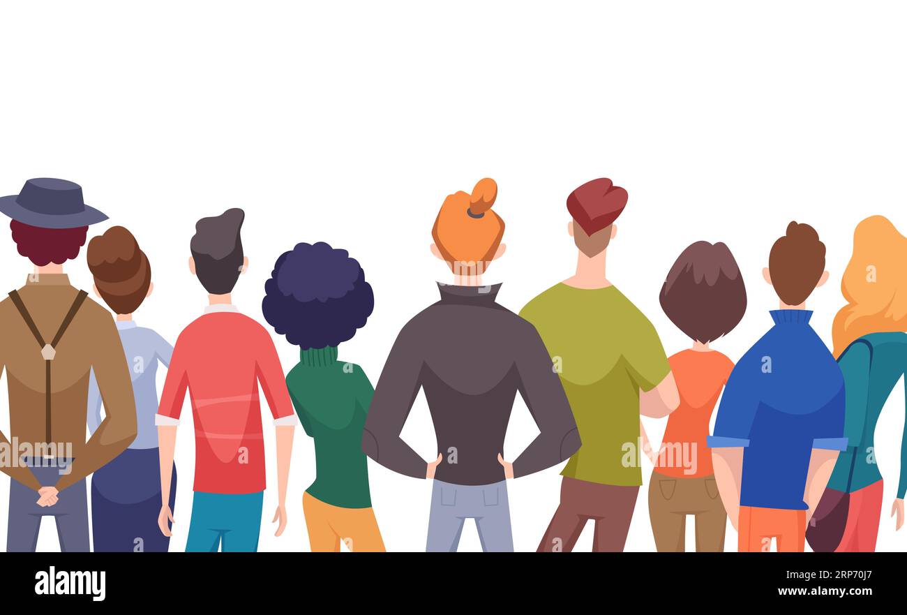 Back view people. standing crowd of male and female persons. Vector ...