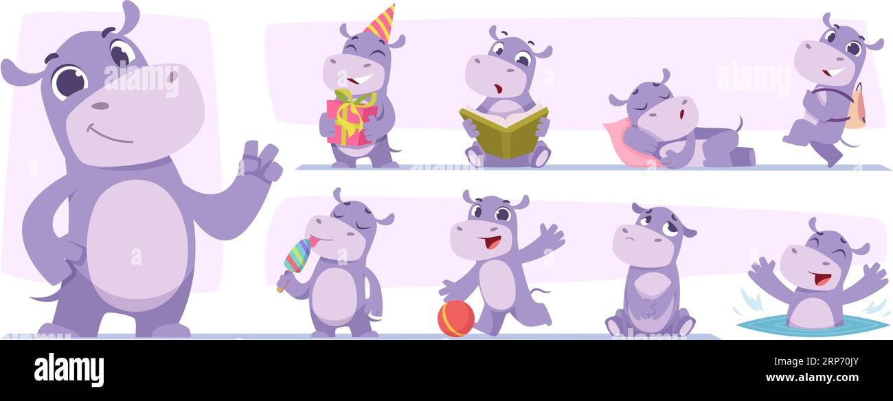 Hippo. Wild hippo cute animals in different poses exact vector cartoon ...