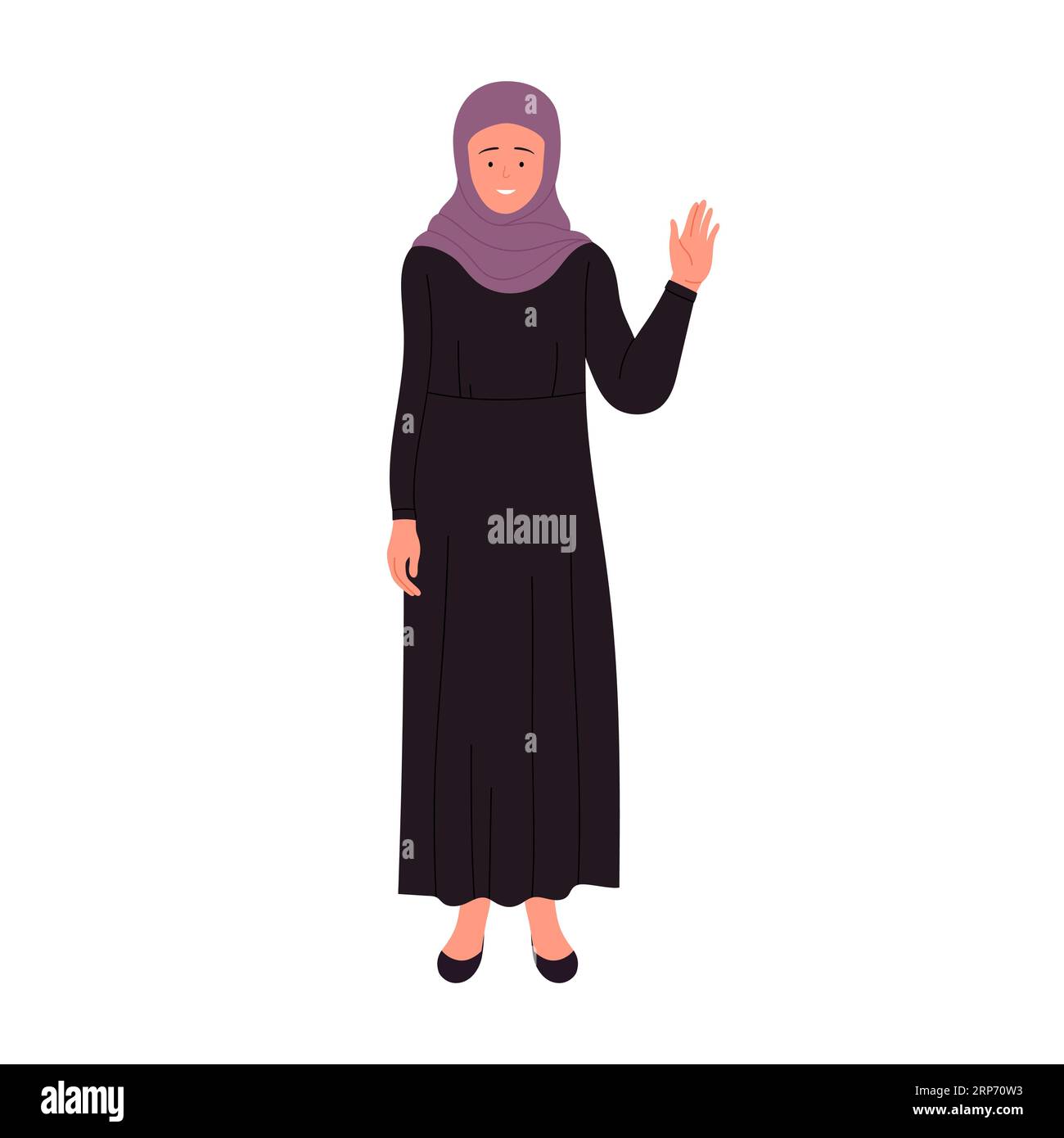 Muslim businesswoman in standing pose shows hello gesture. Arabic ...