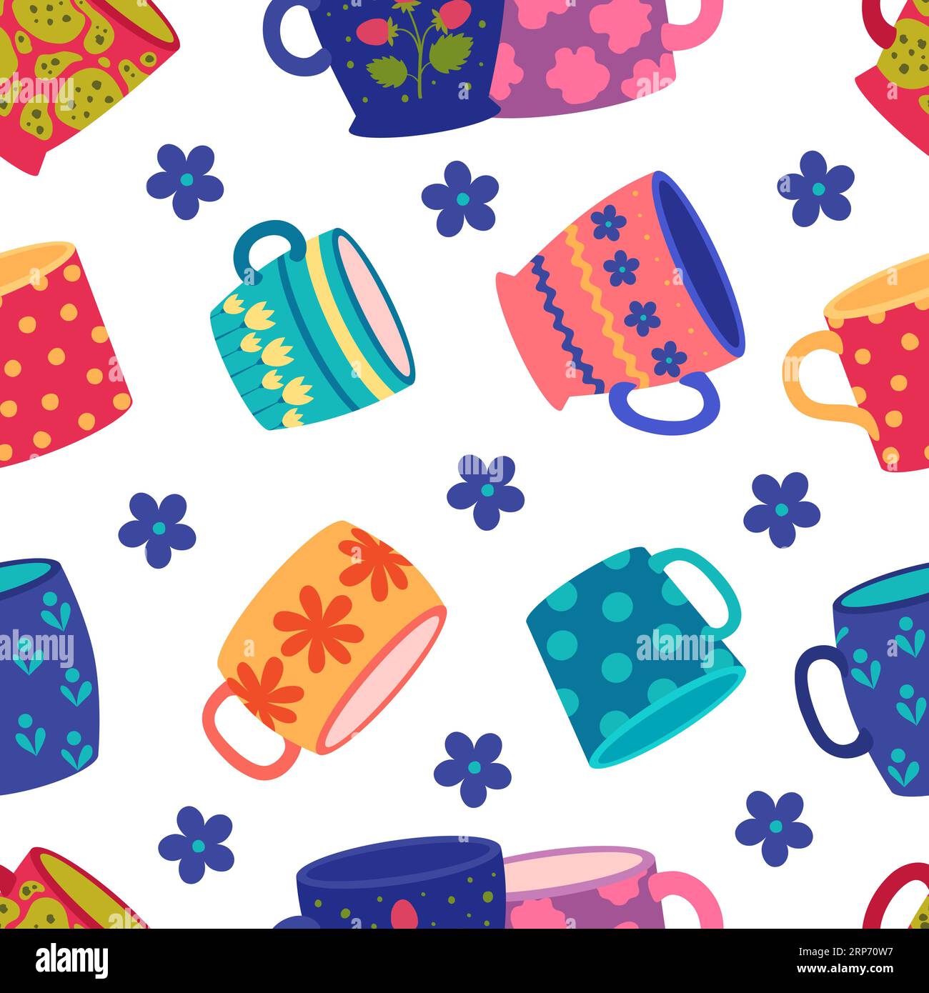 Cups pattern. Decorated beautiful funny colored cups collection. Vector ...