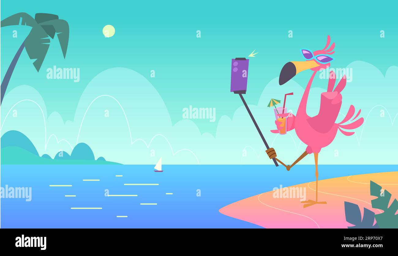 Flamingo background. Tropical landscape horizon with exotic pink birds ...