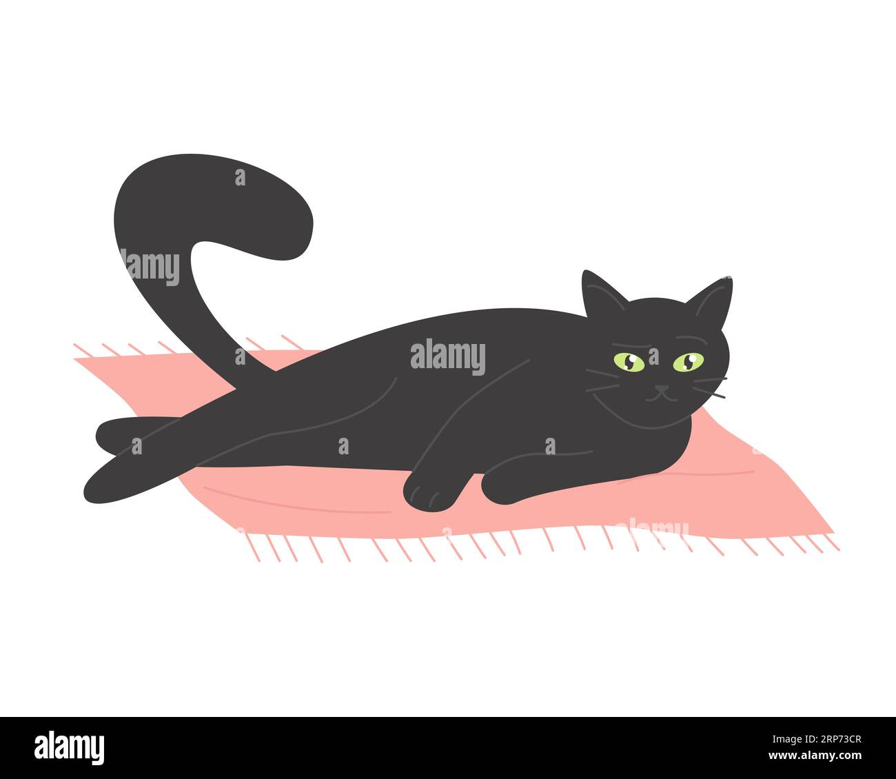 Black cat lying on mat. Lazy domestic kitten, cat stretching on floor ...