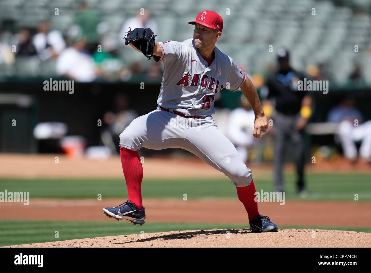 Los Angeles Angels pitcher Tyler Anderson works against the Oakland ...