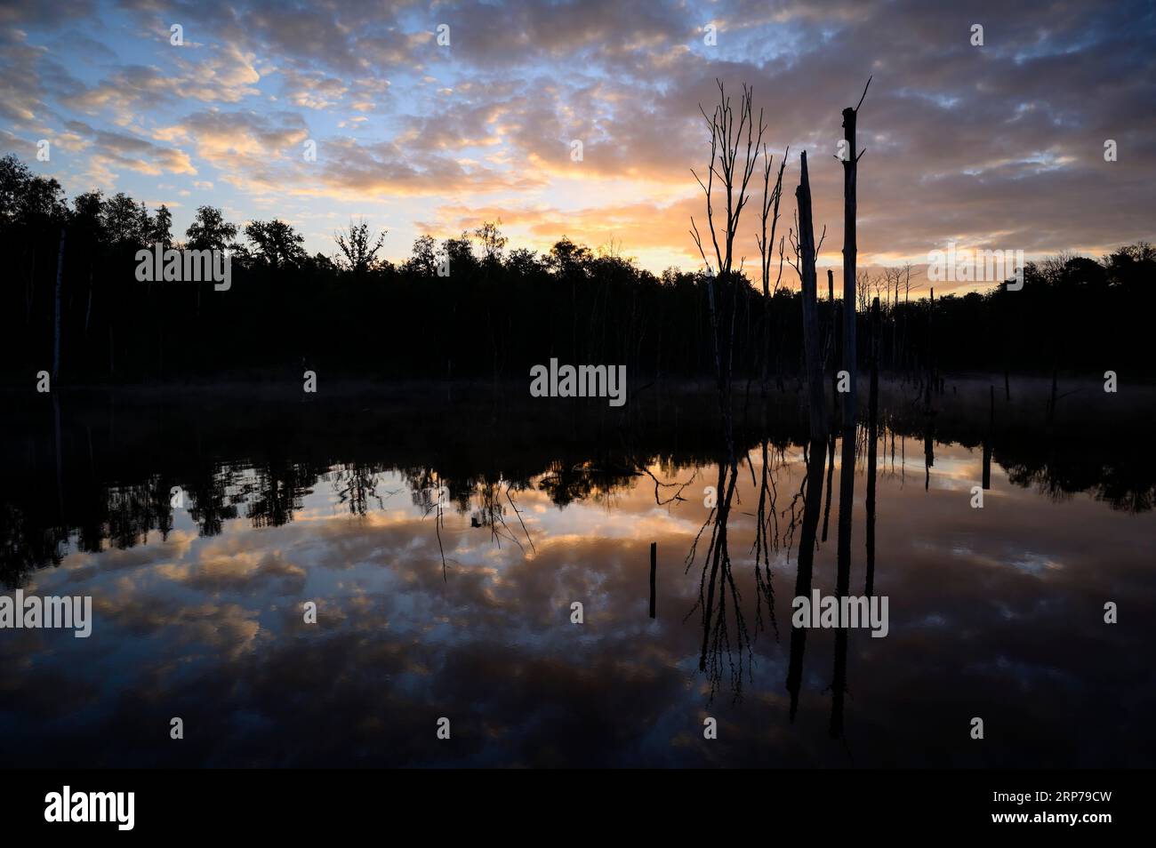 Mountain depression at sunrise, cloudy sky reflected in the water, with ...