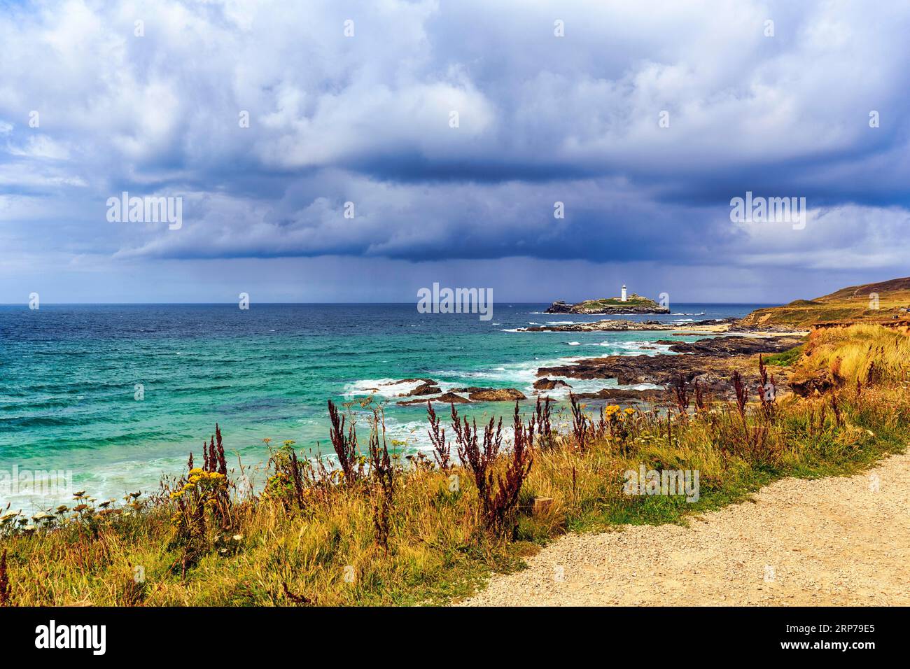 Footpath, South West Coast Path, Coastline with Godrevy Island and ...