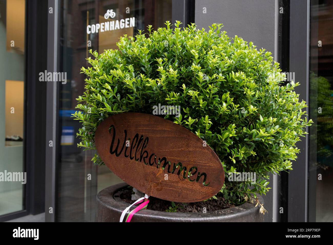Green plant pot and sign saying Welcome in front of a shop in a ...