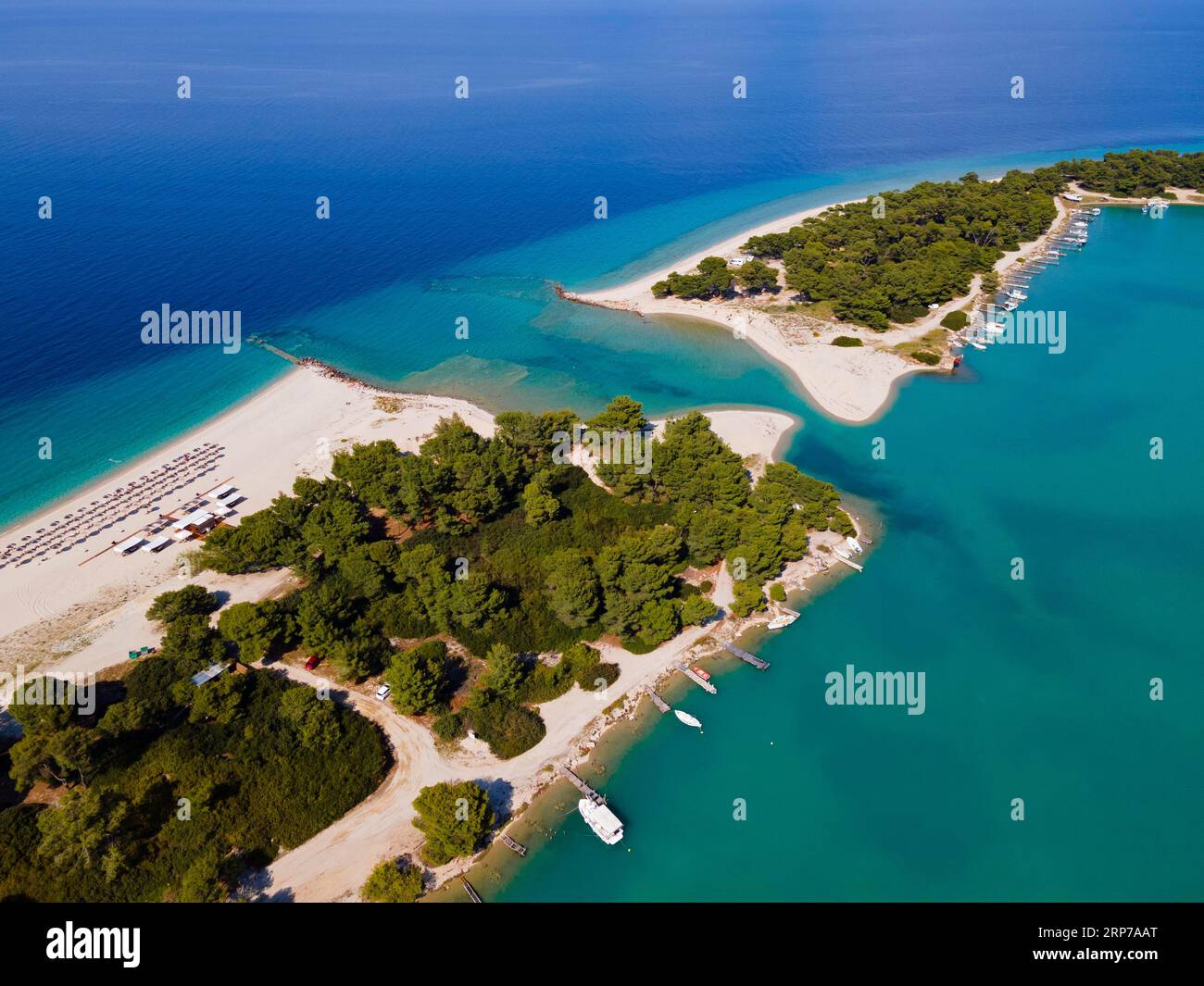 Aerial view, lagoon, beach and harbour, Glarokavos, Pallini, Kassandra ...