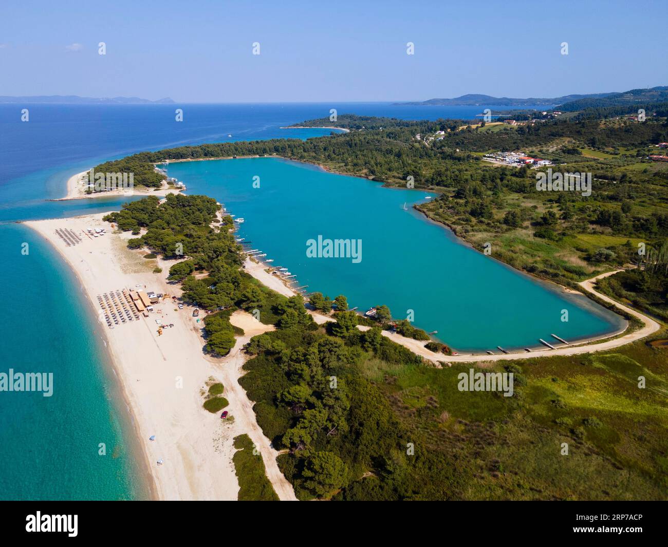 Aerial view, lagoon, beach and harbour, Glarokavos, Pallini, Kassandra ...