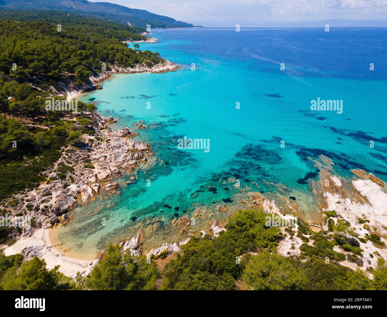 Aerial view, blue, clear water, bay at Mega Portokali beach, Sarti ...