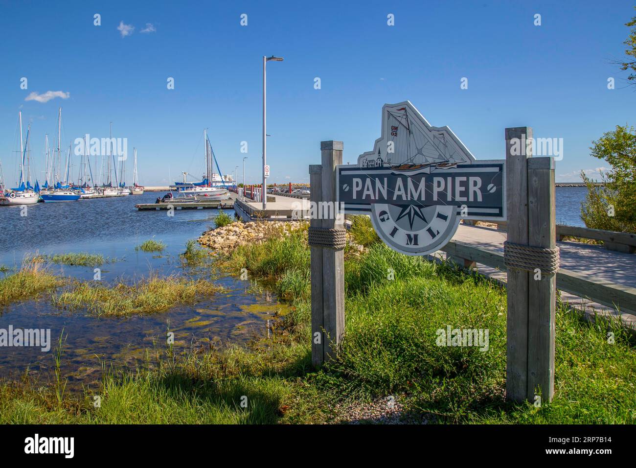 The famous Pan Am Pier boat landing, Gimli, Lake Winnipeg, Manitoba ...