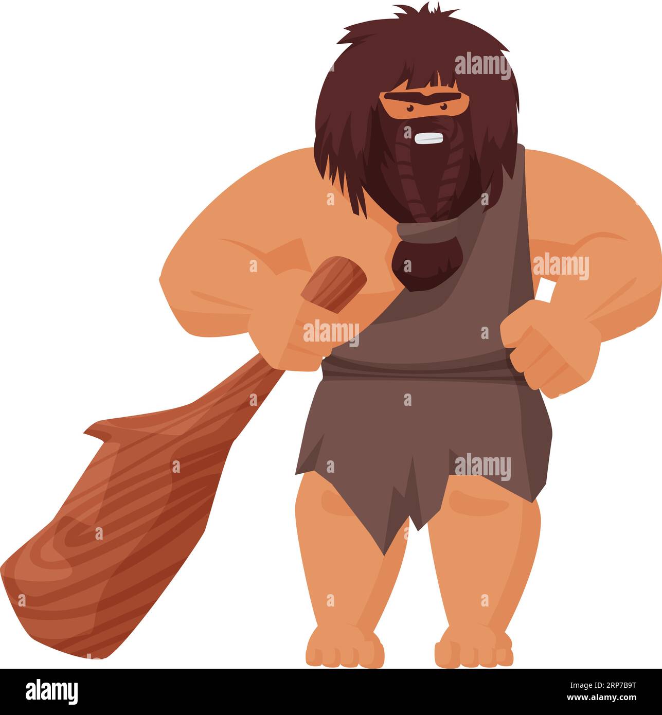 Ancient angry man with wooden club. Prehistoric caveman, stone age ...