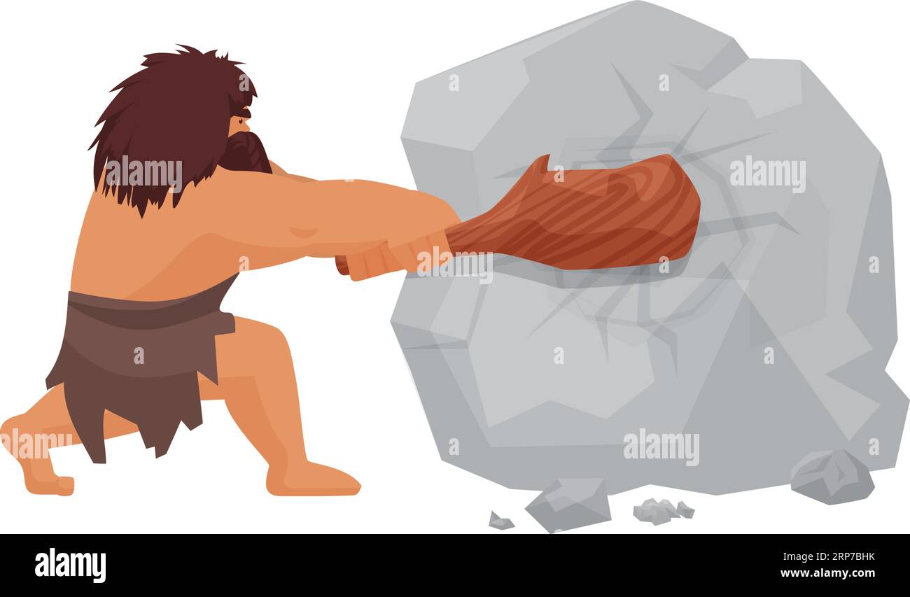 Caveman hitting rock with wooden club. Primitive people with hunting ...