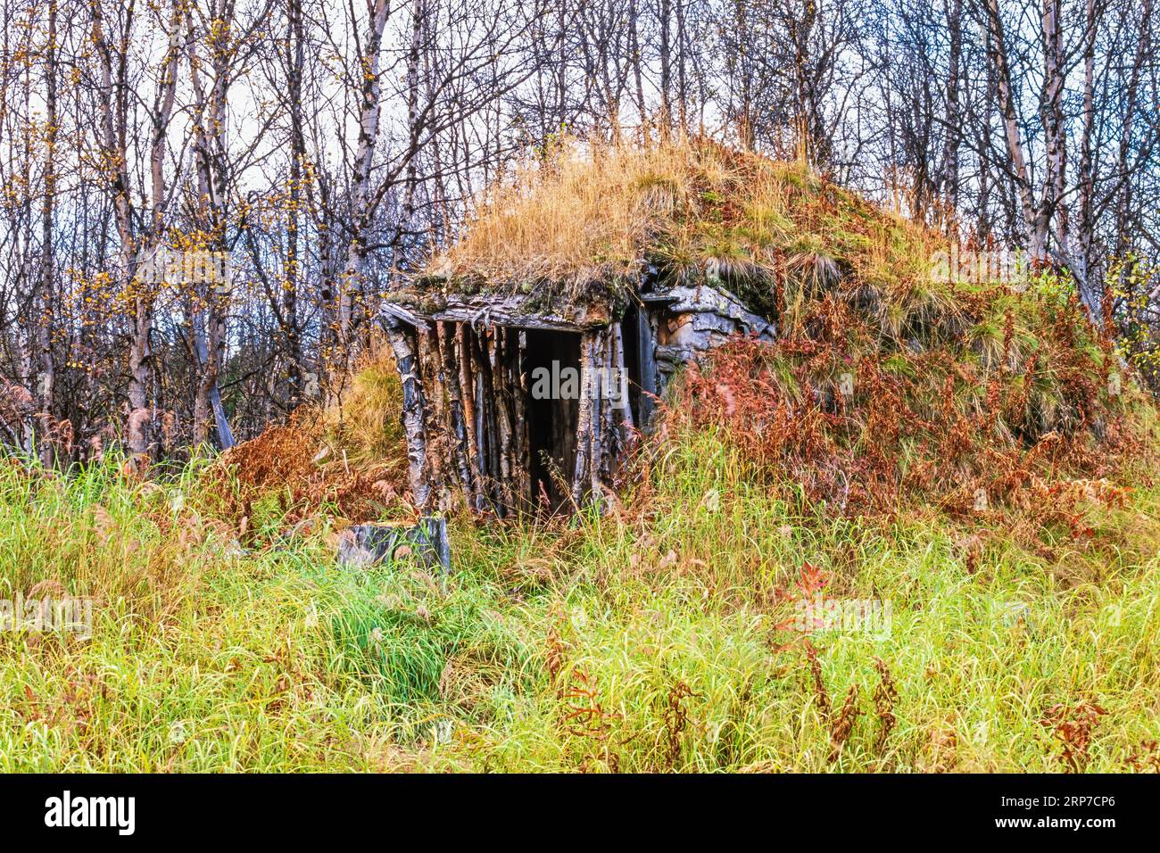 Old Sami goahti built of peat and moss in the forest at autumn in ...
