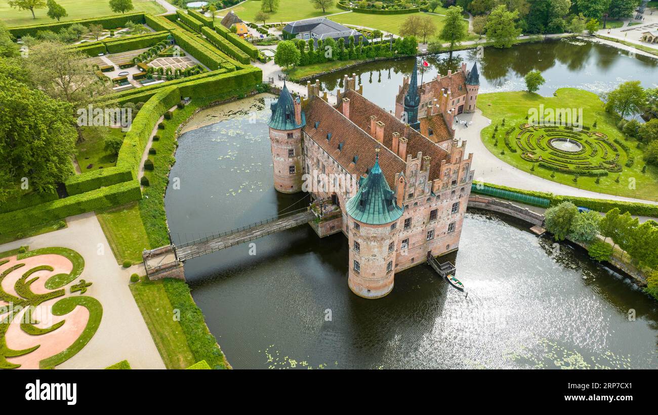 Aerial view, Egeskov Castle with park, Renaissance Garden, Kvaerndrup ...