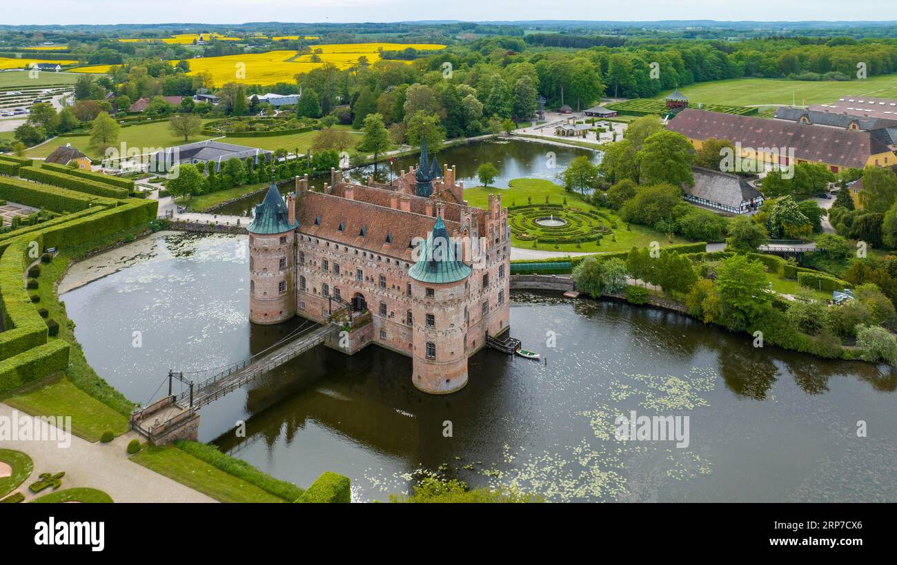 Aerial view, Egeskov Castle with park, Renaissance Garden, Kvaerndrup ...
