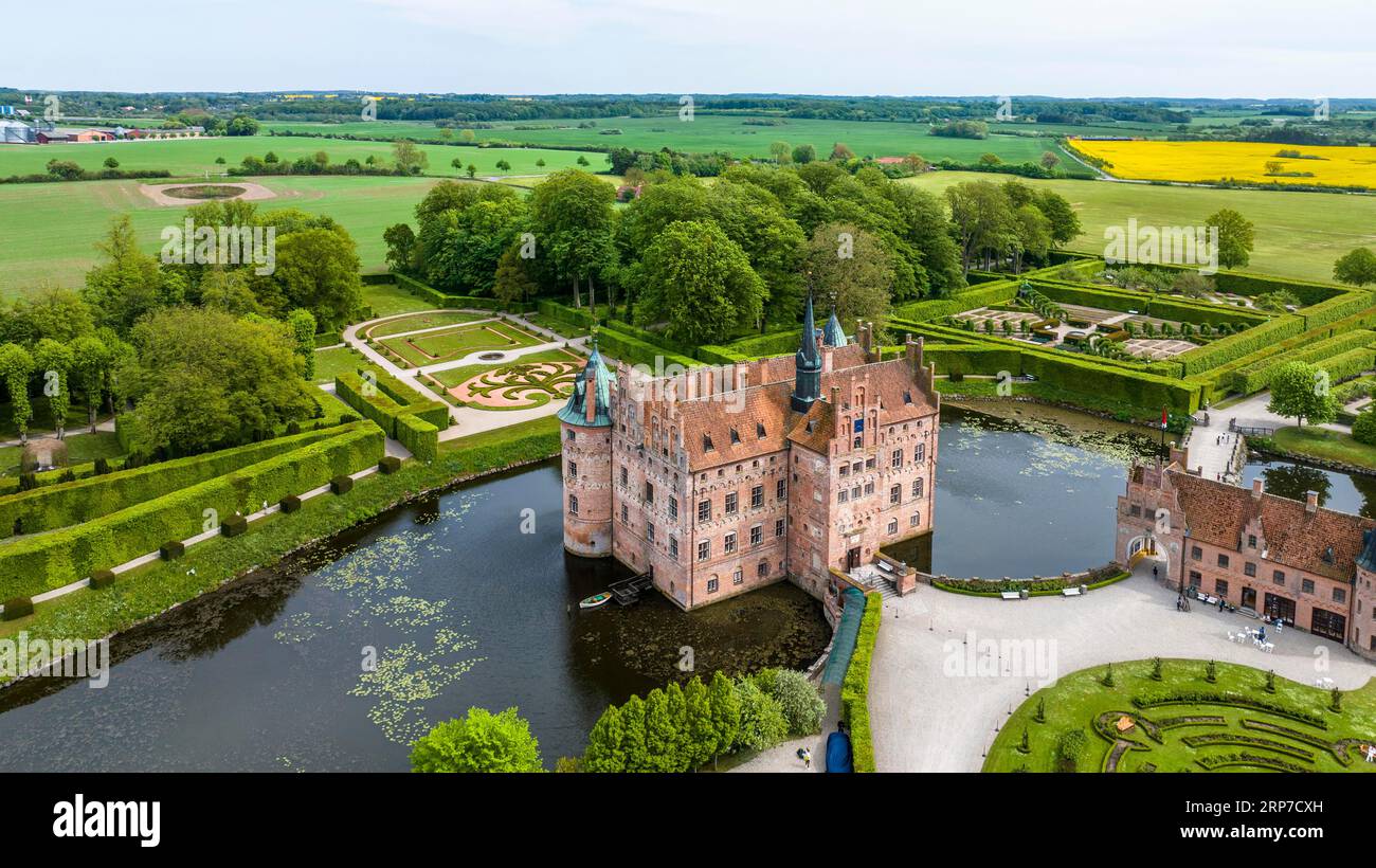 Aerial view, Egeskov Castle with park, Renaissance Garden, Kvaerndrup ...