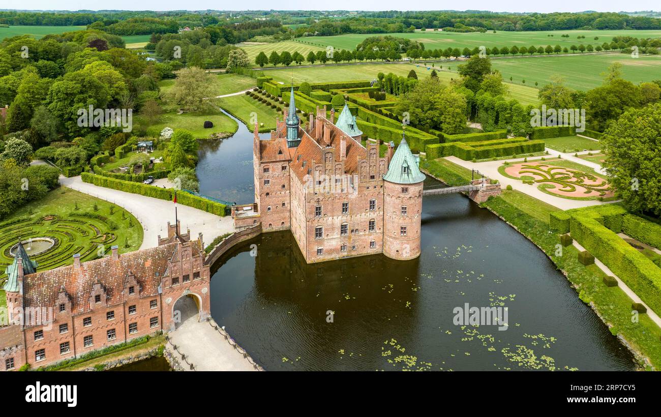 Aerial view, Egeskov Castle with park, Renaissance Garden, Kvaerndrup ...