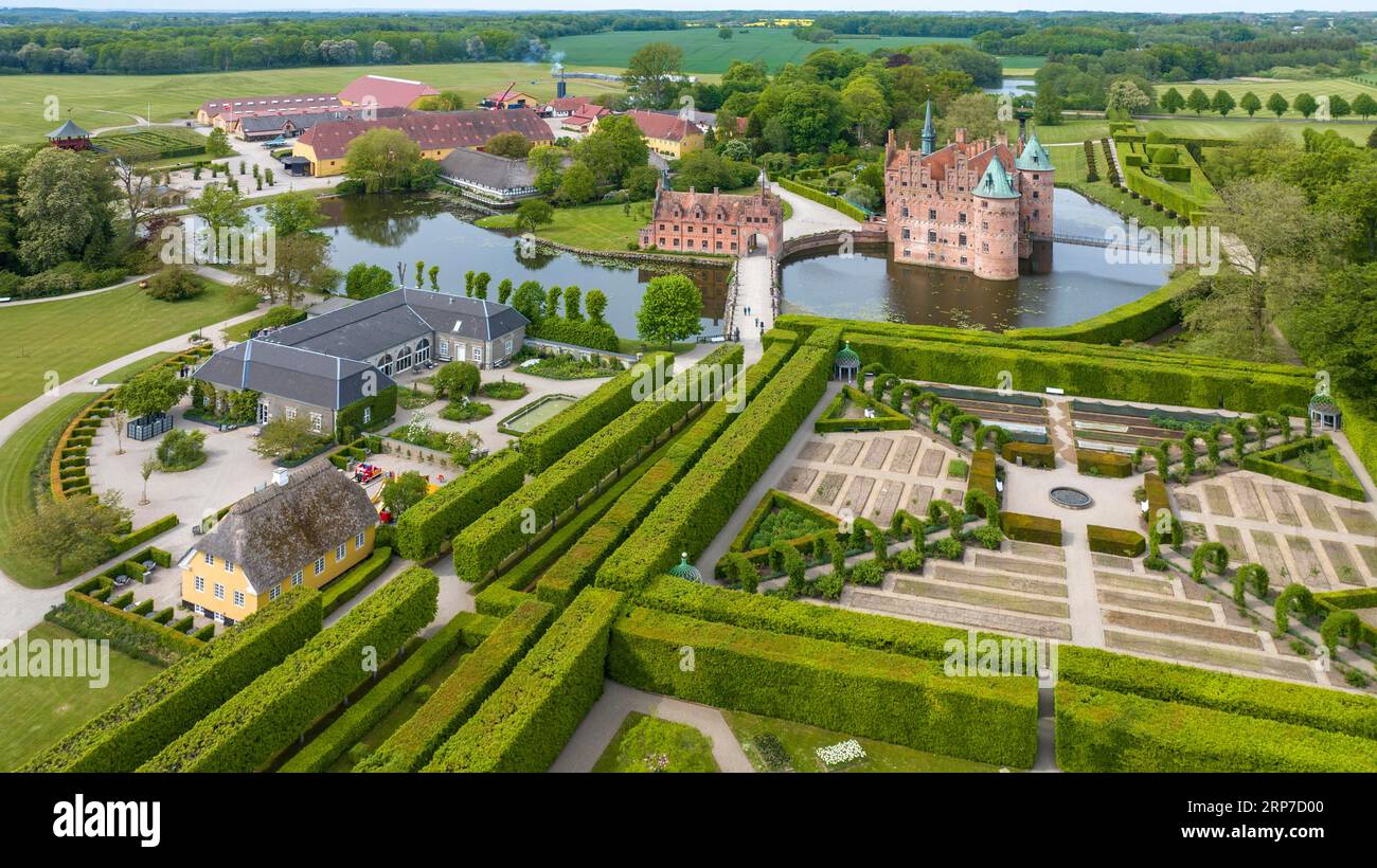 Aerial view, Egeskov Castle with park, Renaissance Garden, Kvaerndrup ...