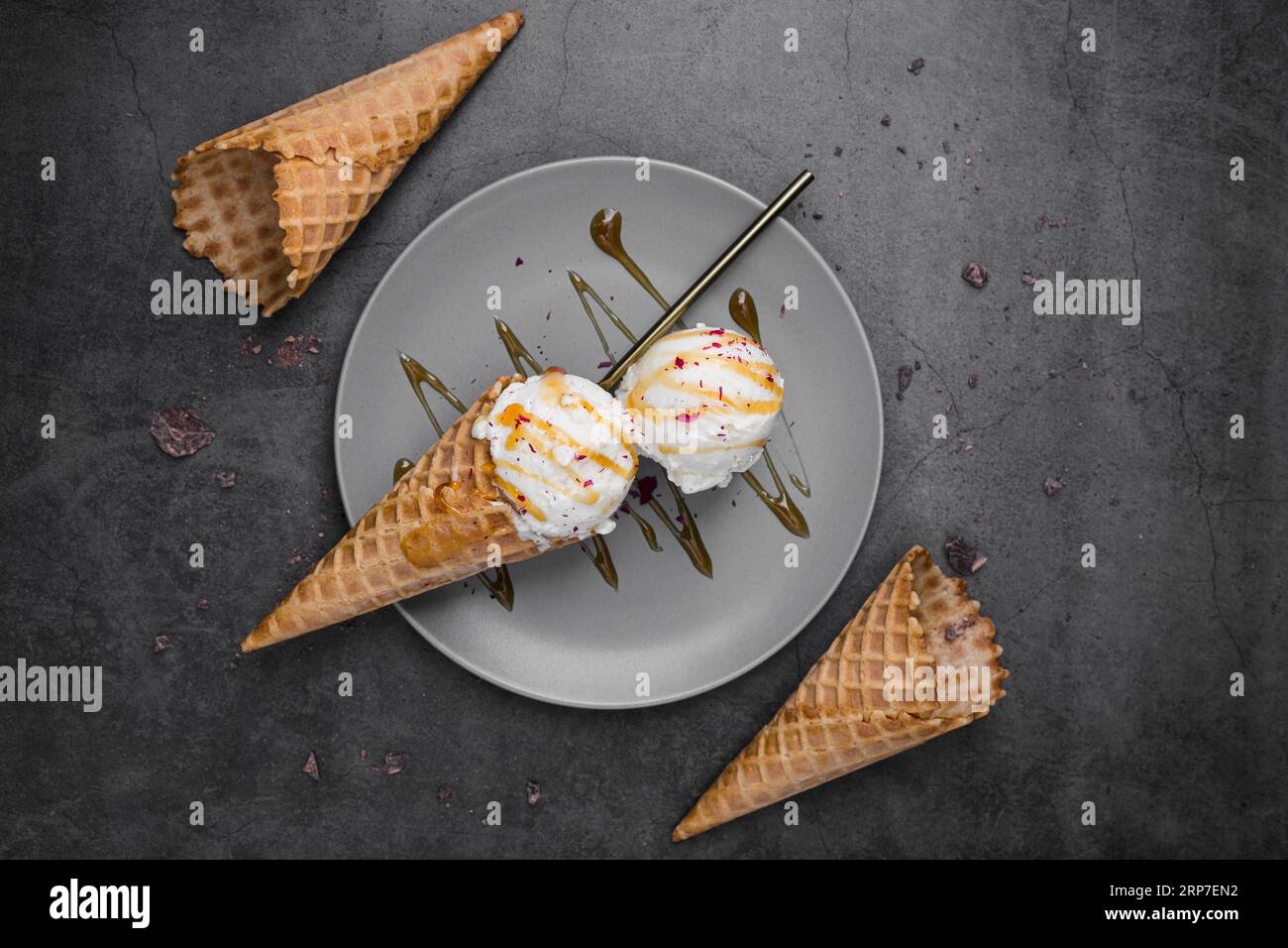 Top view ice cream cones plate Stock Photo - Alamy