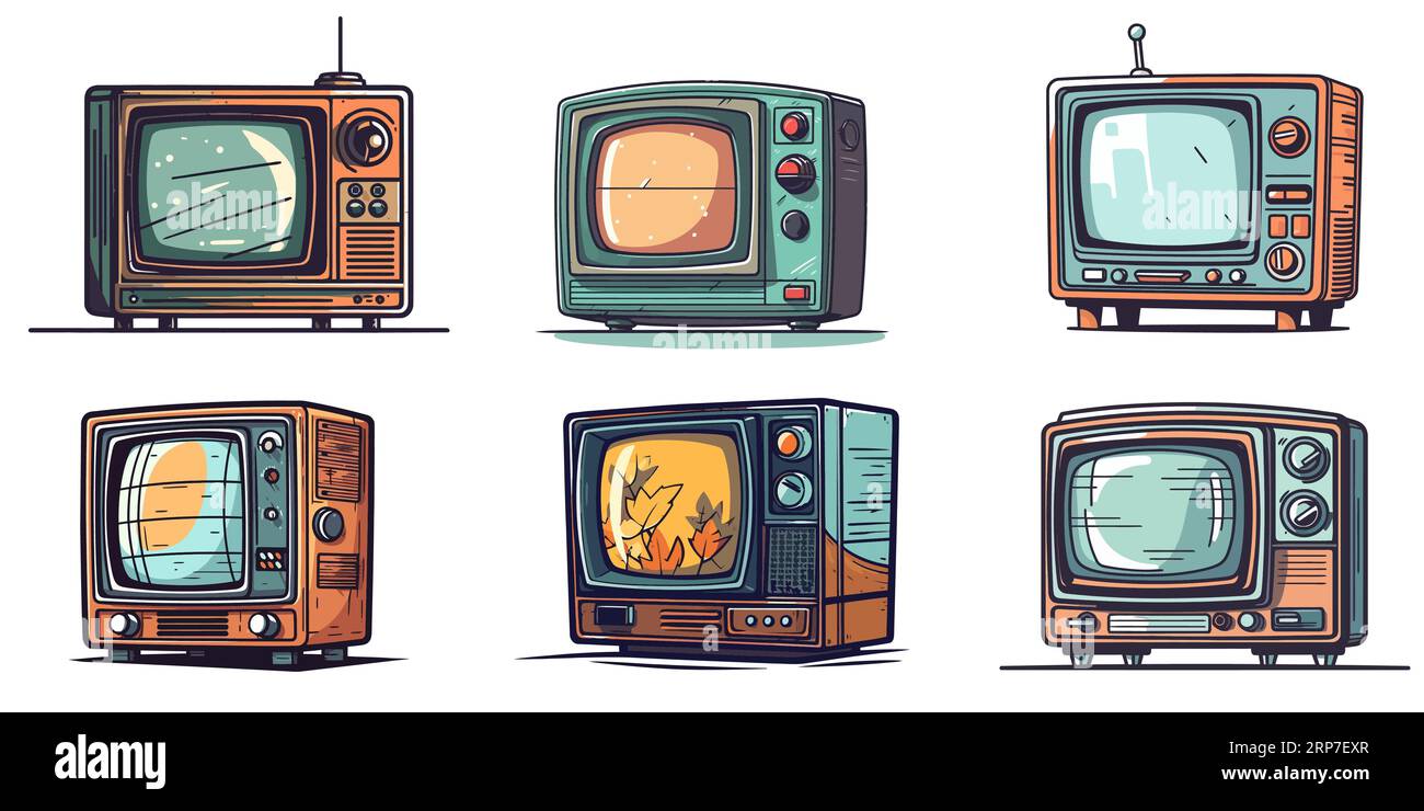 Classic retro TV. Set of old analog TV in cartoon style. Analogue retro ...