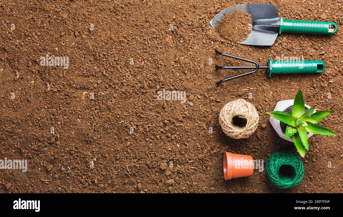 Top view gardening tools ground Stock Photo - Alamy