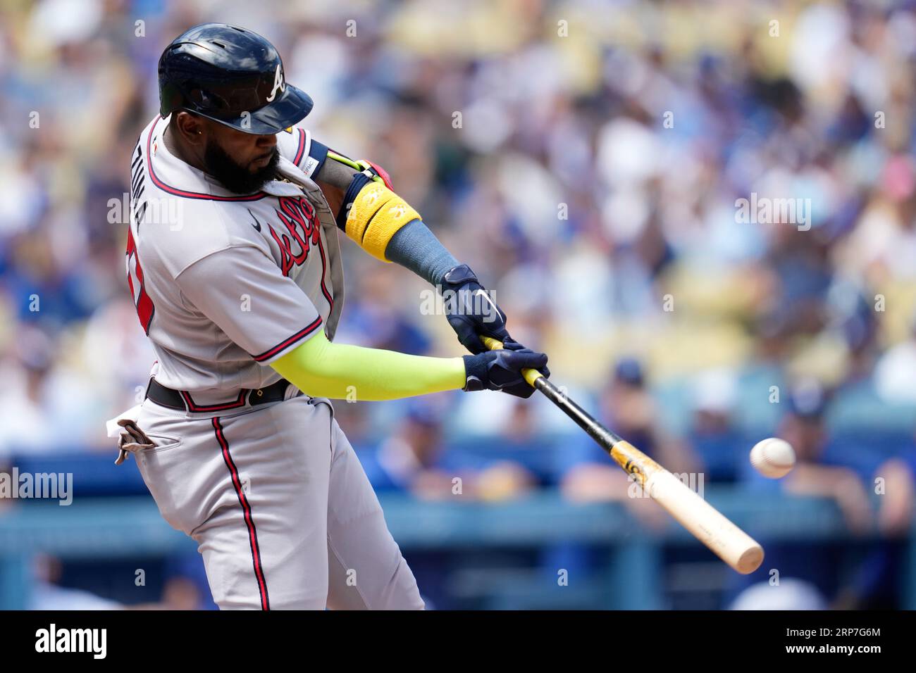 Atlanta Braves designated hitter Marcell Ozuna doubles during the ...
