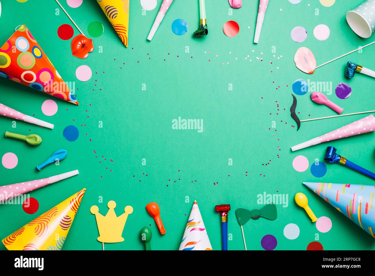 Colorful birthday frame multicolor party items green background Stock ...