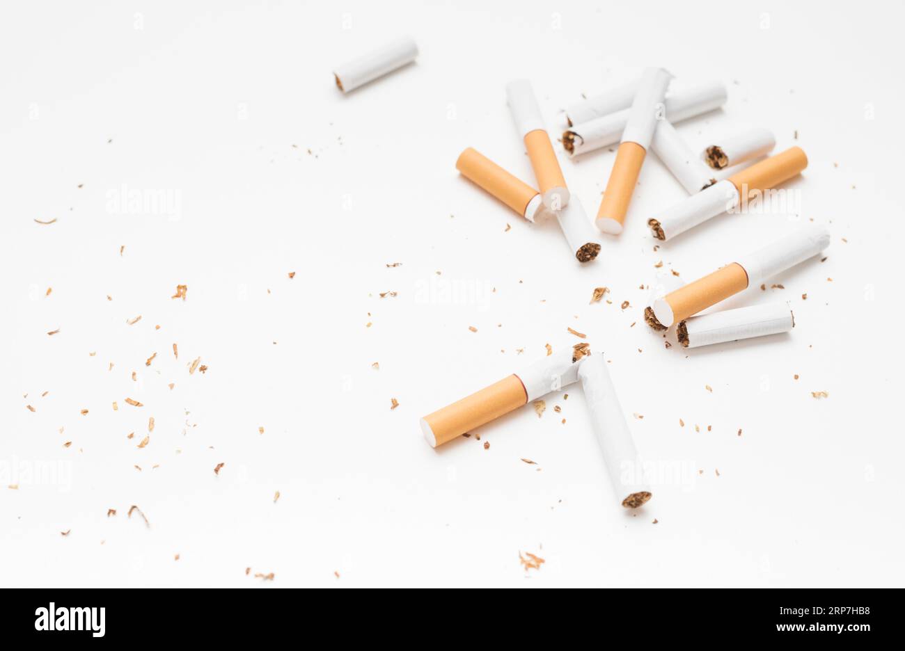 Overhead view broken cigarette tobacco against white backdrop Stock ...