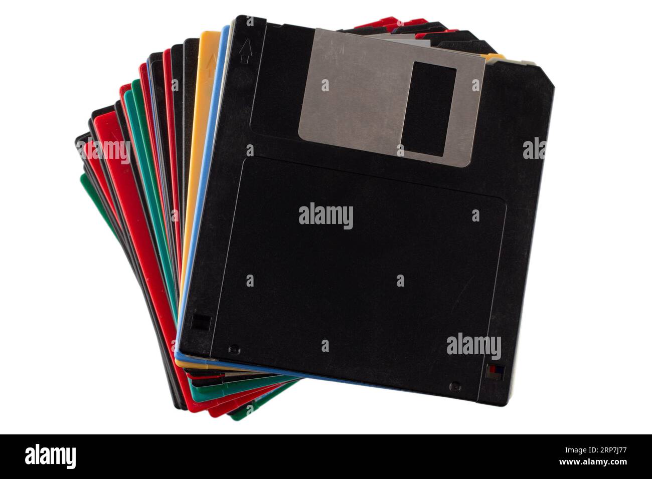 Colored old retro floppy diskettes in stack. Isolated on white ...