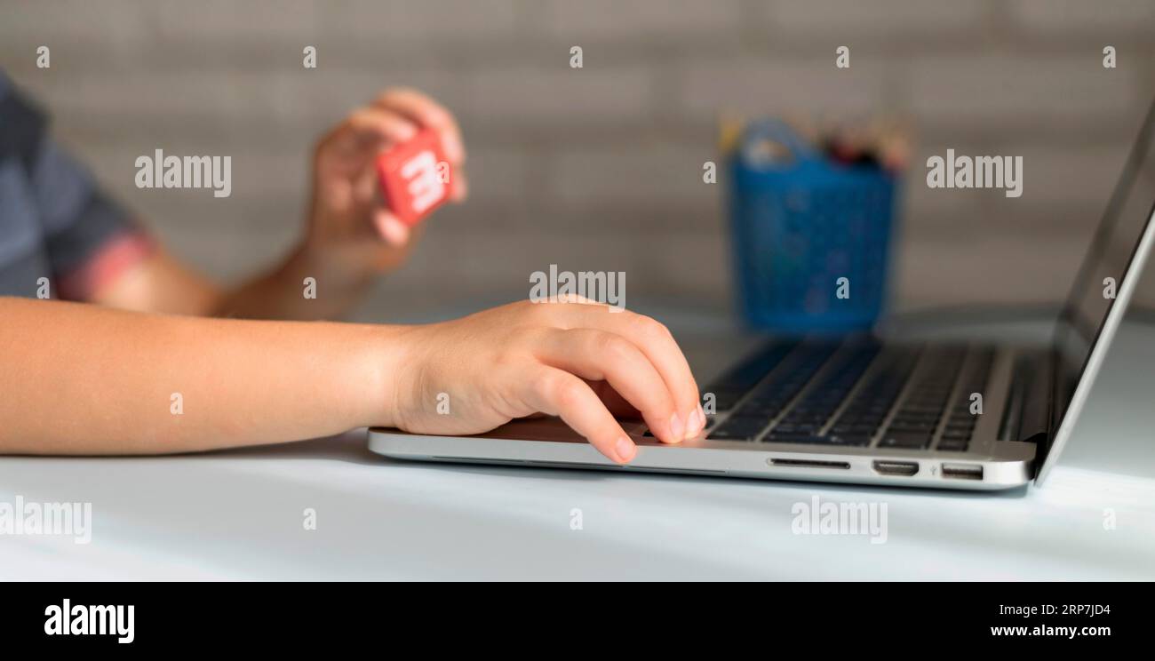 Little online student writing laptop Stock Photo - Alamy