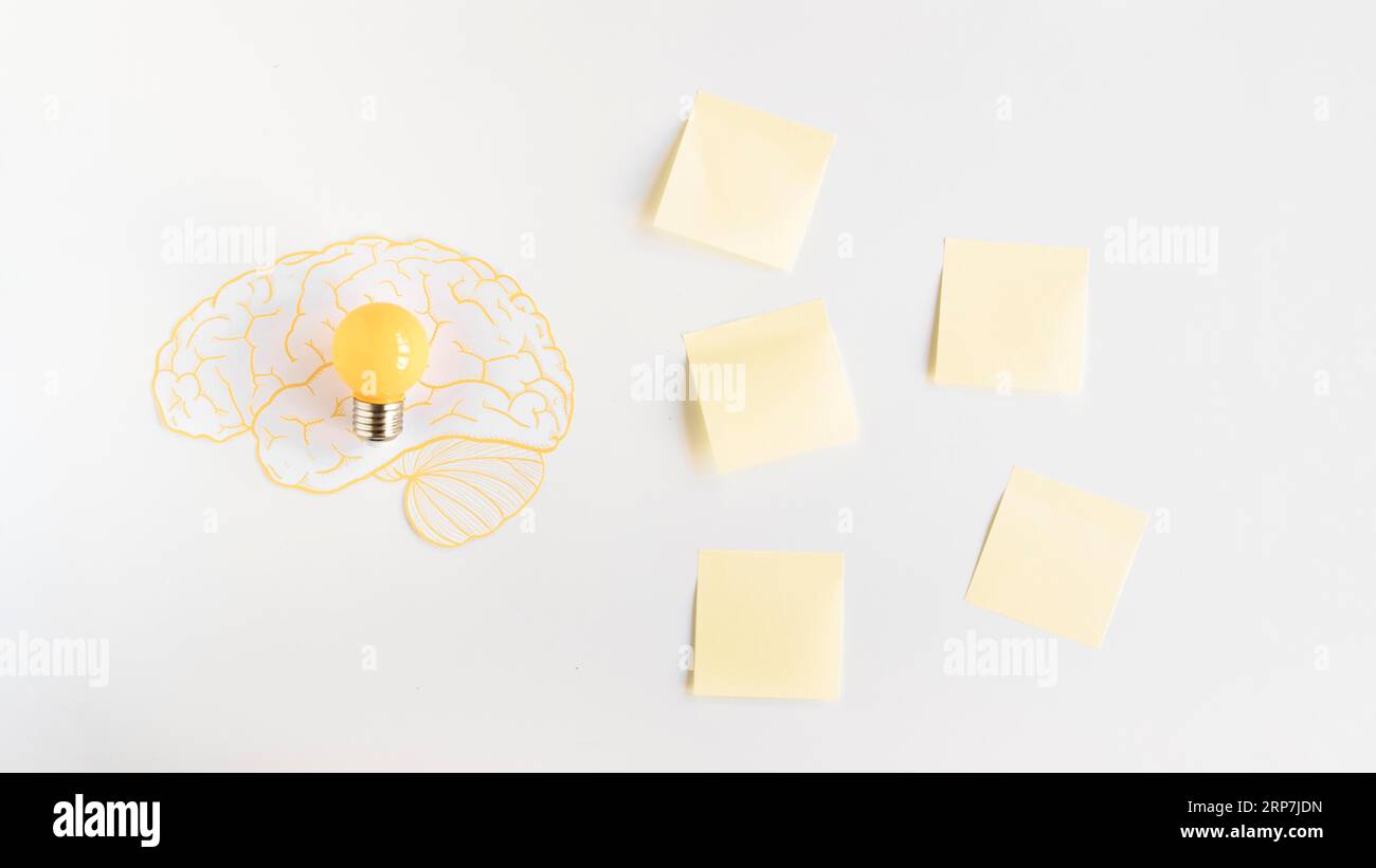 Light bulb inside brain near adhesive notes Stock Photo - Alamy