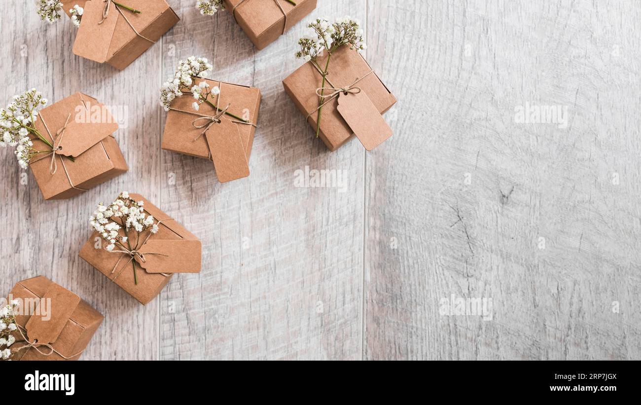 Overhead view many gift cardboard boxes wooden textured backdrop Stock ...