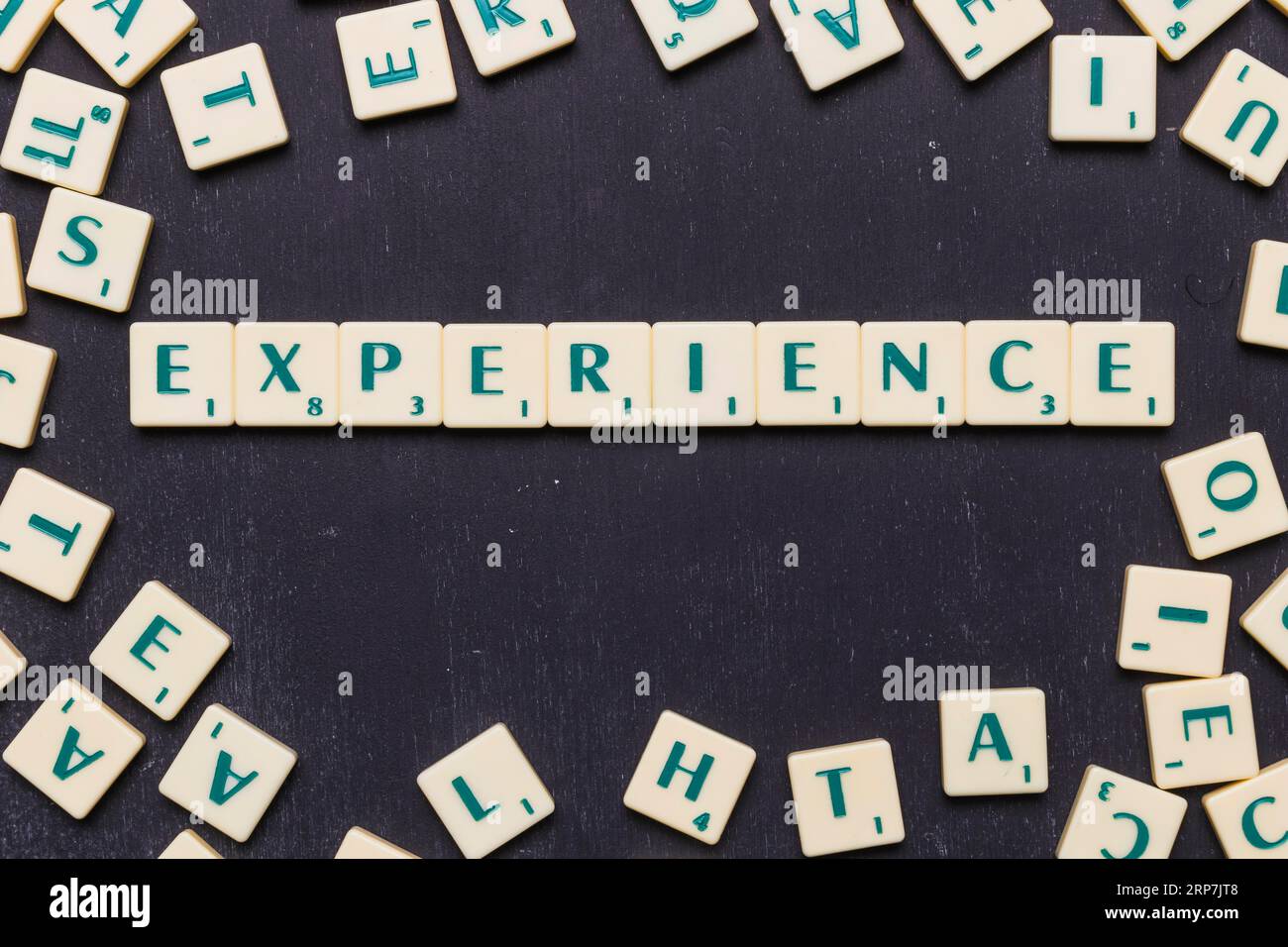 Top view experience text with scrabble letters black backdrop Stock ...