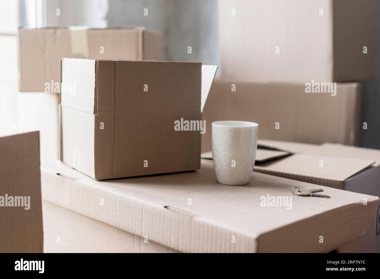 Front view boxes ready moving out process Stock Photo - Alamy
