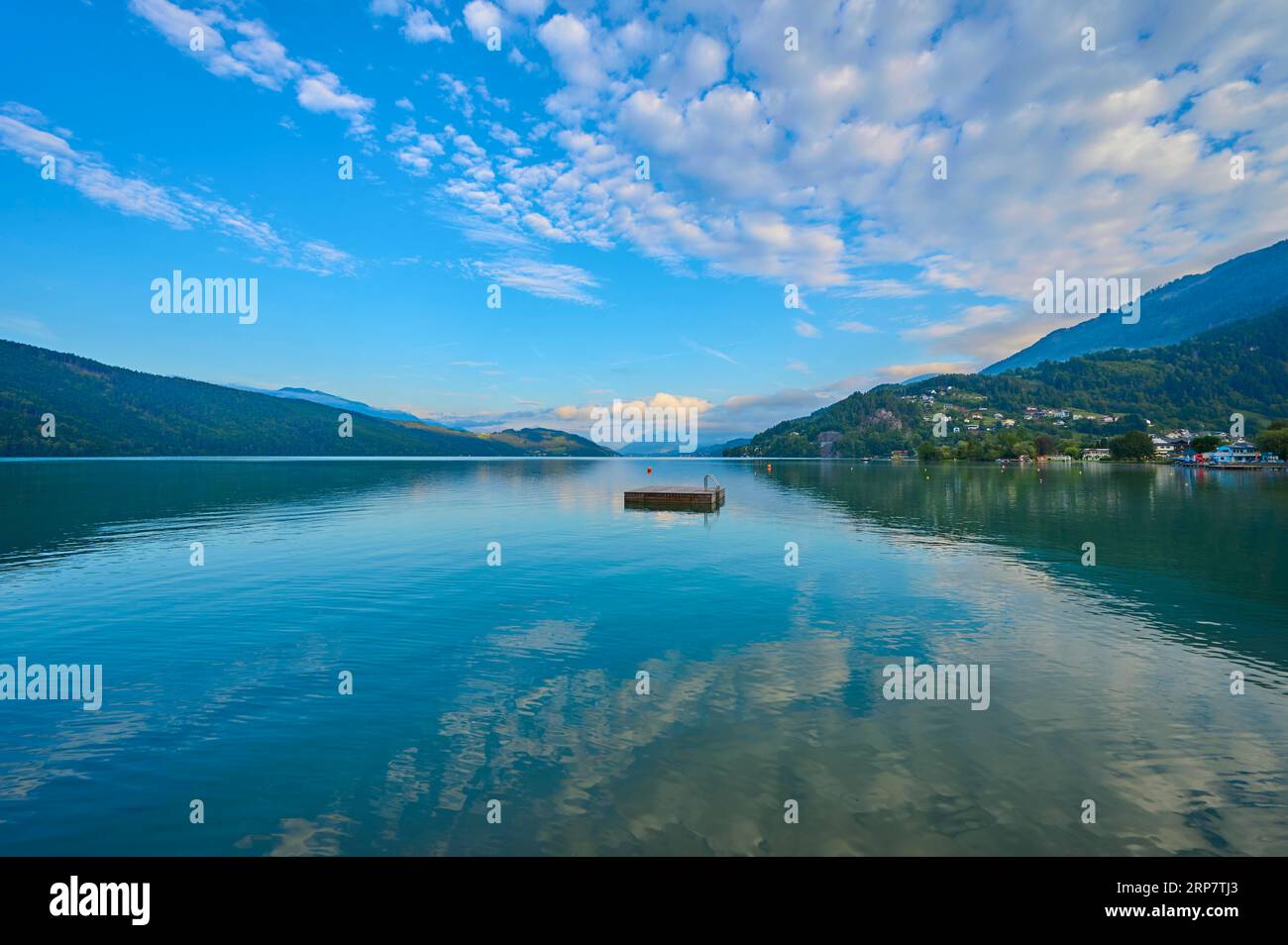 Lake, reflection, bathing raft, sky, clouds, sunrise, summer, Lake ...