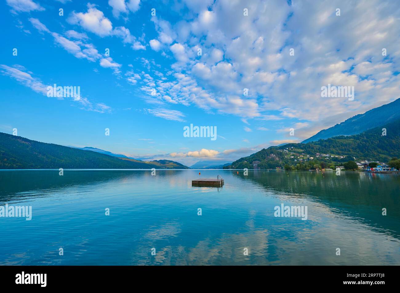 Lake, reflection, bathing raft, sky, clouds, sunrise, summer, Lake ...
