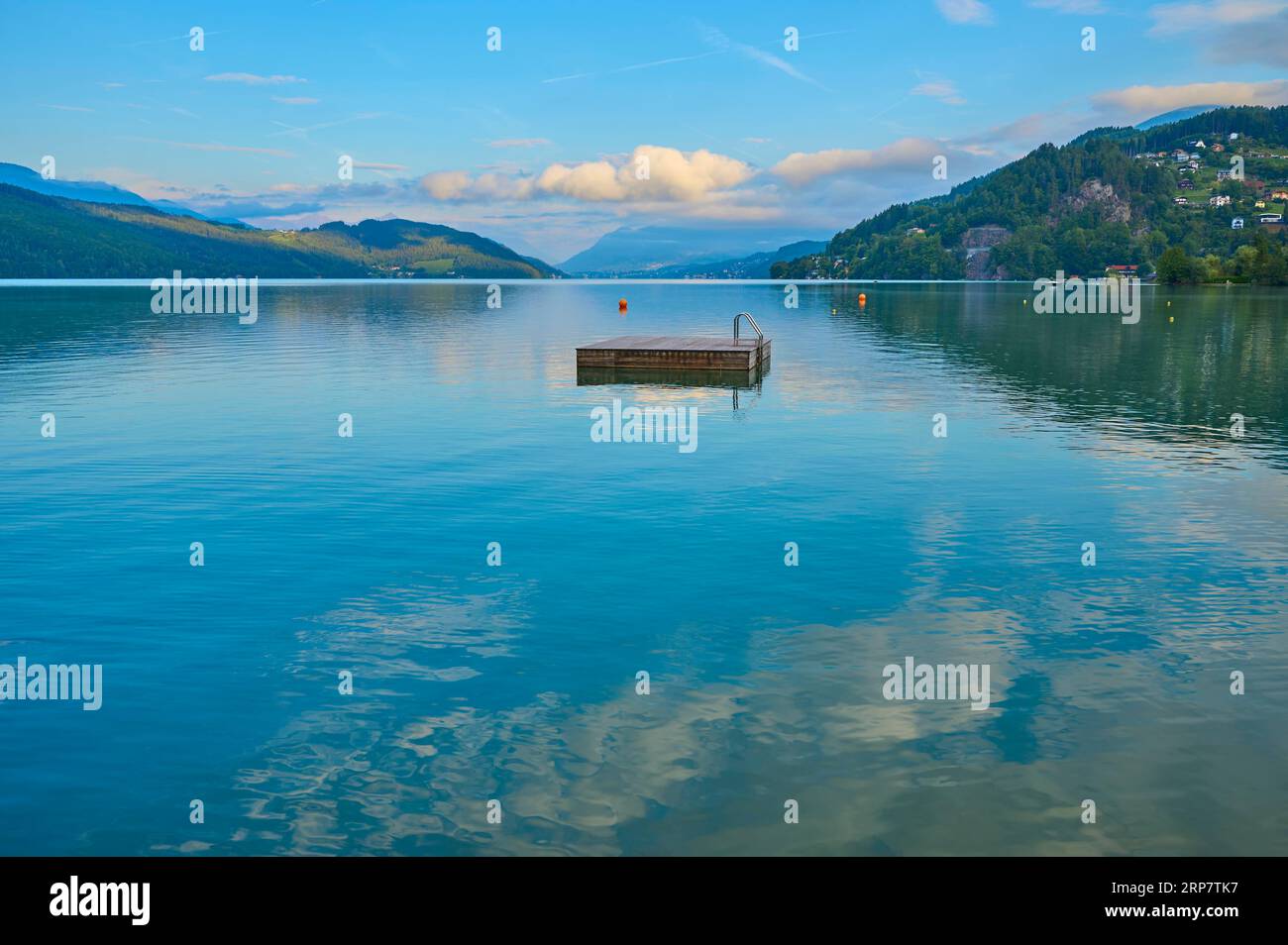 Lake, reflection, bathing raft, sky, clouds, sunrise, summer, Lake ...