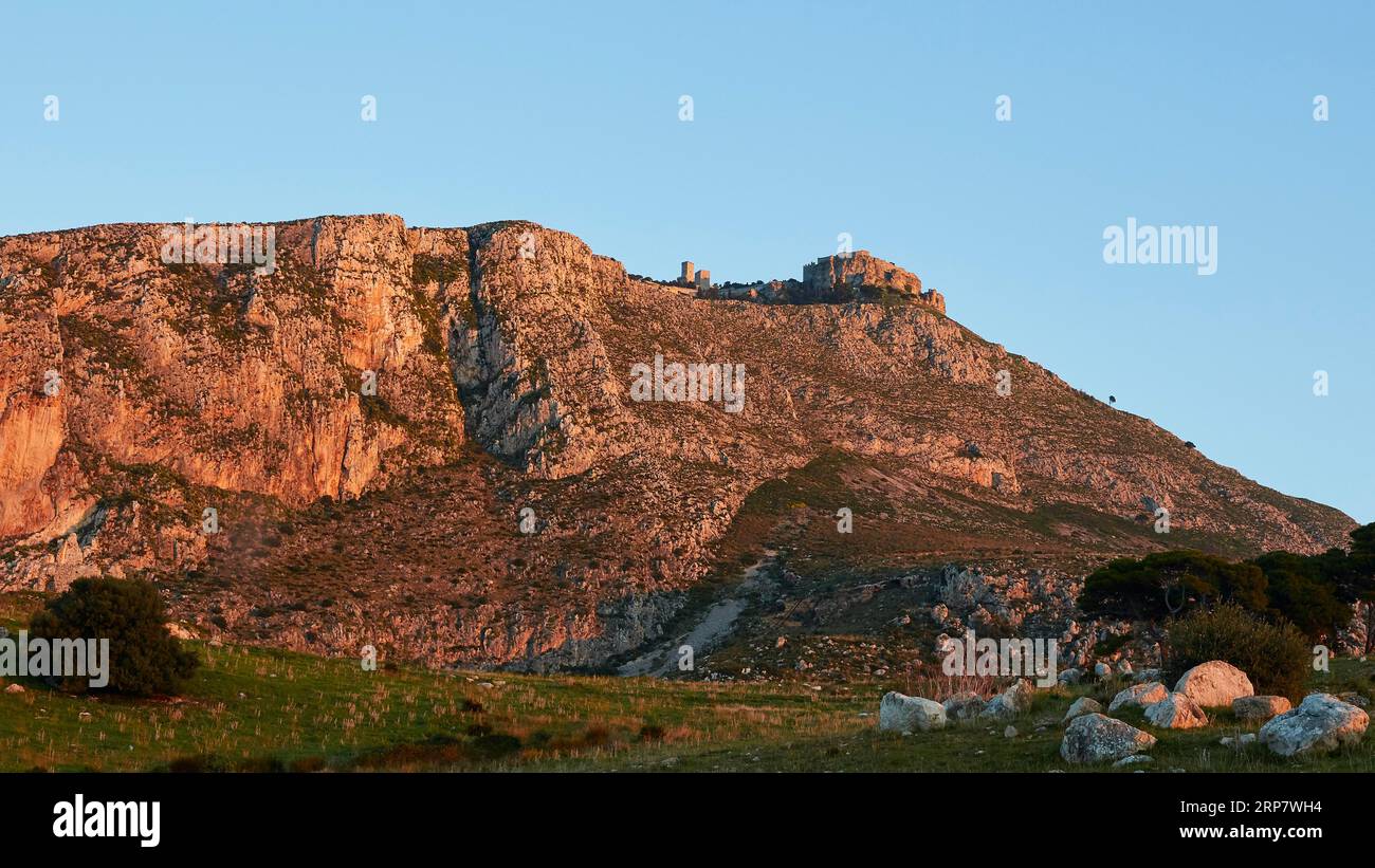 Morning light, Mons Erix, Castello di Venere, blue cloudless sky, tree ...