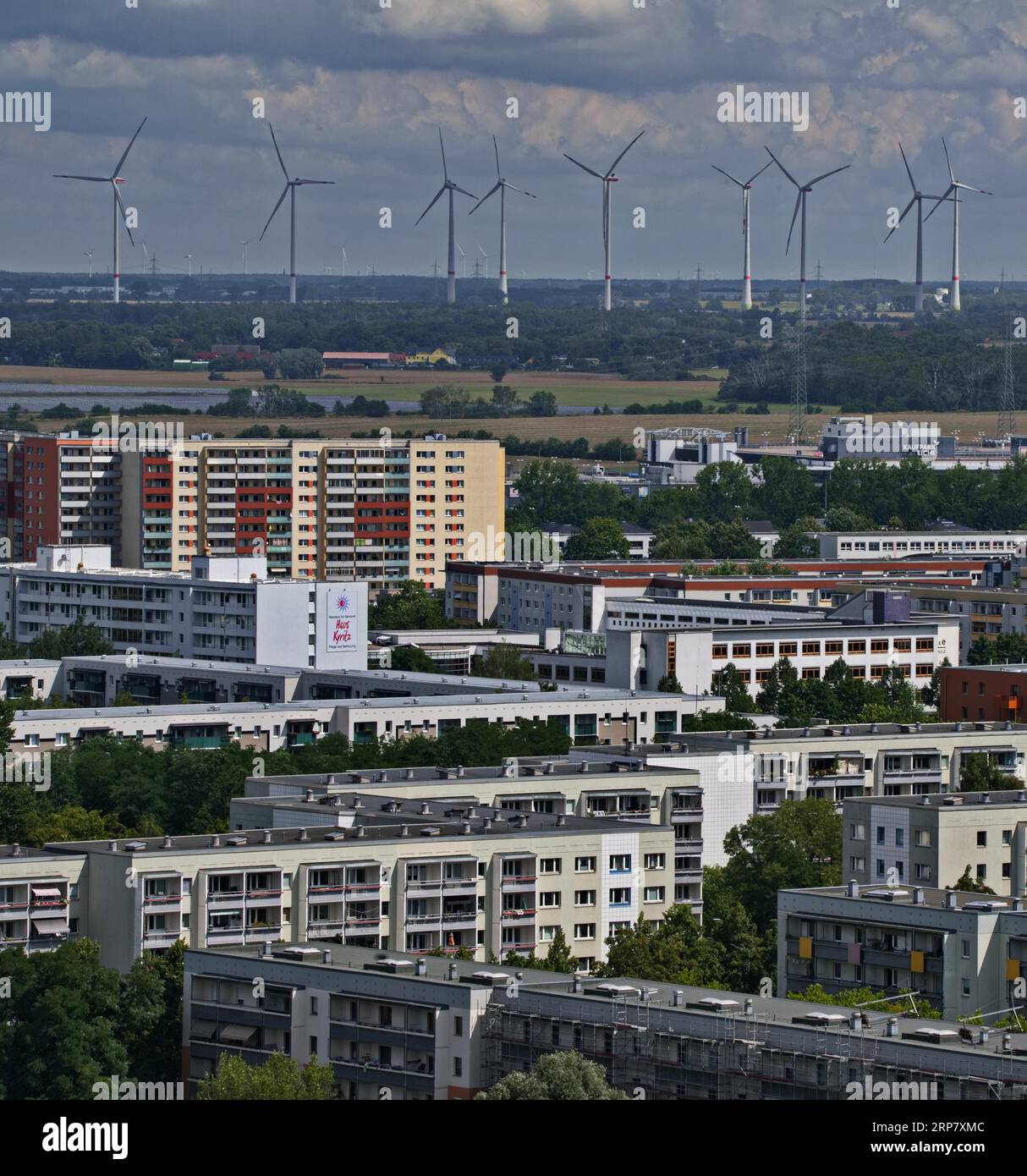 Residential buildings on the outskirts of the city, in the background ...