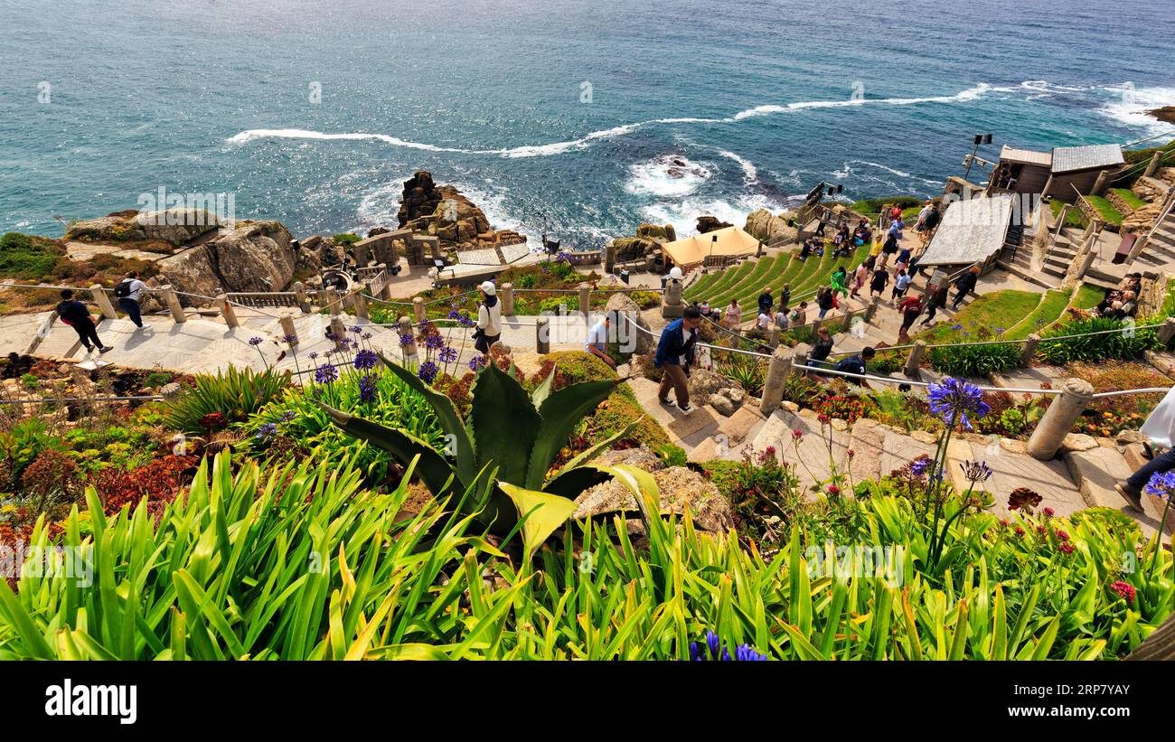 Minack Theatre, The Minack, rock cliff looking down to the stage and ...