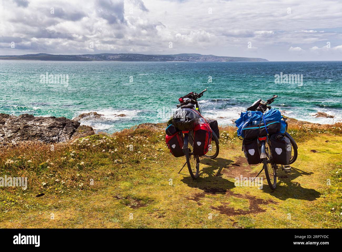 Two e-bikes on the South West Coast Path, coastline, conservation area ...