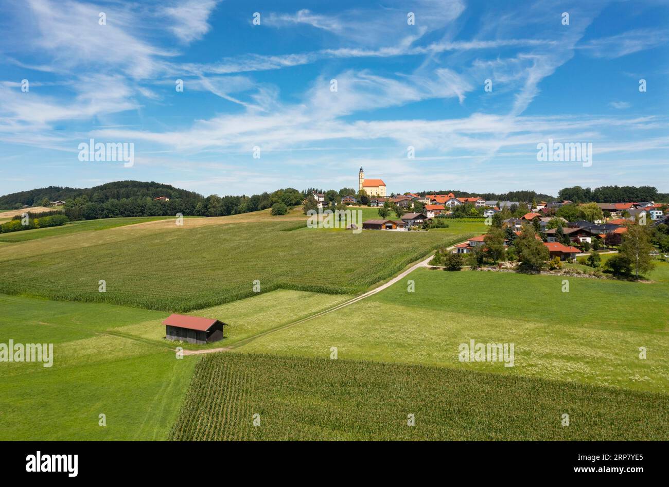 Drone image, agricultural landscape with maize fields, village view of ...